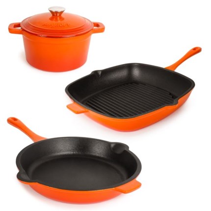 Neo 4pc Cast Iron Cookware Set, Fry Pan, Grill Pan & Round Dutch Oven ...